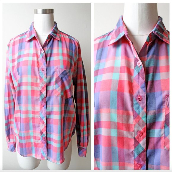 Tops | 198s Light Pink Purple Aqua Blue Plaid Button Down Shirt Vintage ...